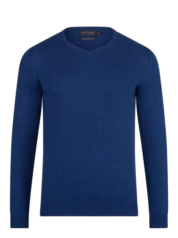 PAUL JAMES KNITWEAR Extra Fine Merino Wool V-neck Jumper - Blue