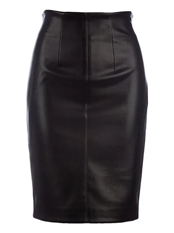 CONQUISTA Pleather Pencil Skirt With Back Slit - Black