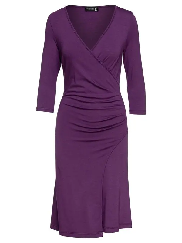 CONQUISTA Faux Wrap Dress With ¾ Sleeves And Trim Detail - Purple