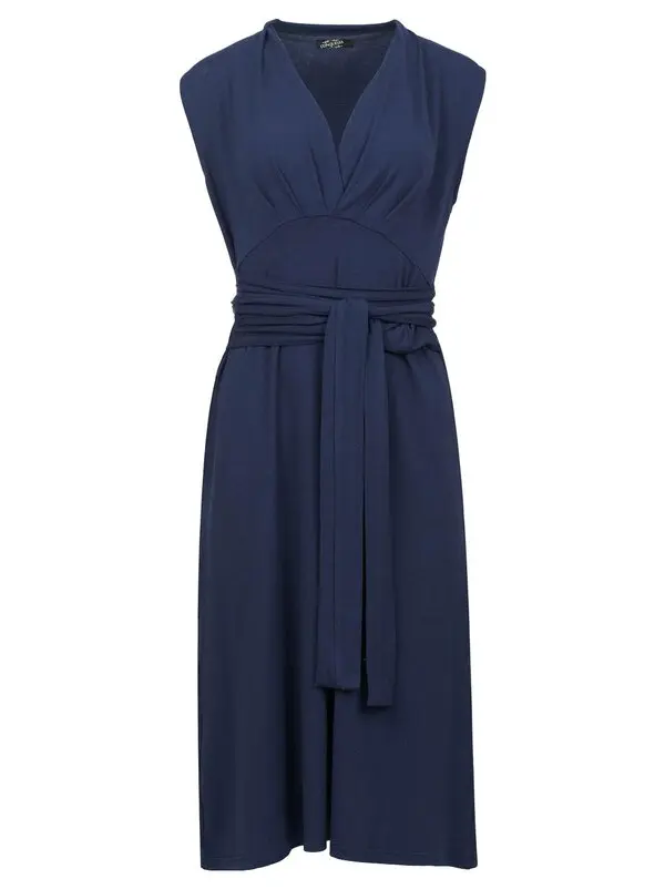 CONQUISTA Sleeveless V-neck Jersey Dress With Wrap Belt - Blue
