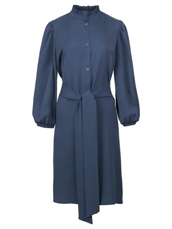 CONQUISTA Belted Long Sleeve Dress - Blue