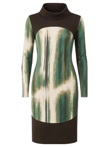 CONQUISTA Long Sleeve Turtleneck Dress With Abstract Print And Contrasting Panels - Green