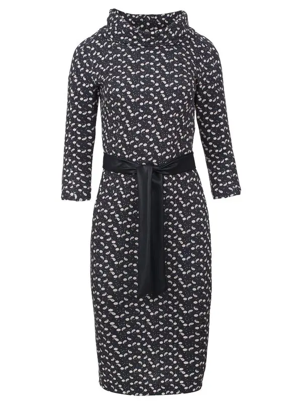 CONQUISTA Fitted Print Dress With Belt - Grey