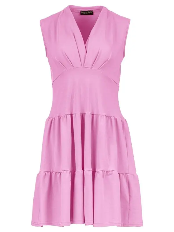 CONQUISTA Sleeveless Tiered V-neck Cotton Dress - Pink