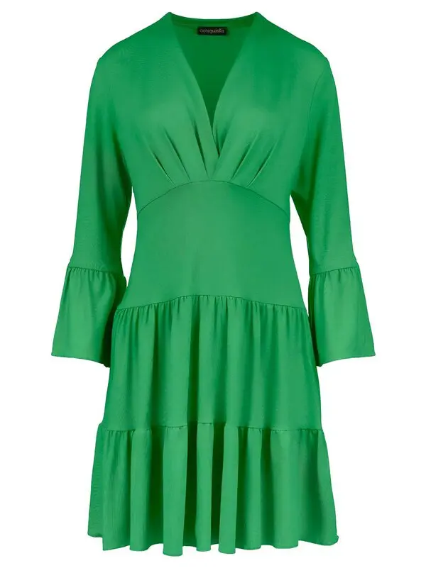 CONQUISTA Jersey Tiered V-neck Dress With Bell Sleeves - Green