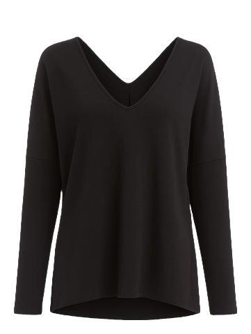 CONQUISTA Loose Fit Long Sleeve V-neck Top - Black