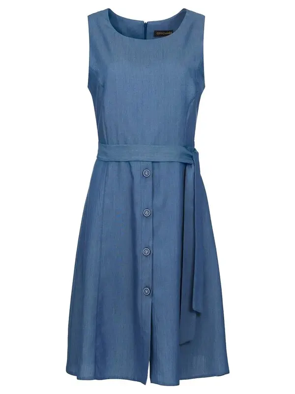 CONQUISTA Sleeveless Dress With Belt And Button Detail - Blue