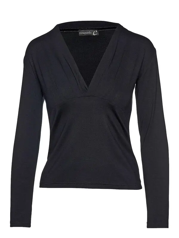 CONQUISTA Long Sleeve Faux Wrap Top In Stretch Jersey - Black