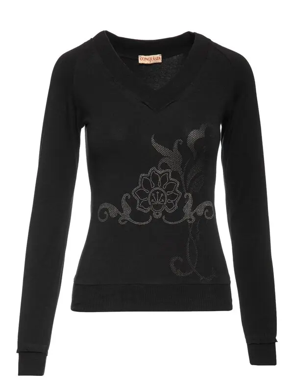 CONQUISTA Long Sleeve V-neck Top With Glitter Print - Black