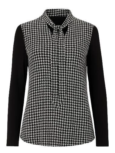 CONQUISTA Long Sleeve Houndstooth Print Top With Neck Tie - Black