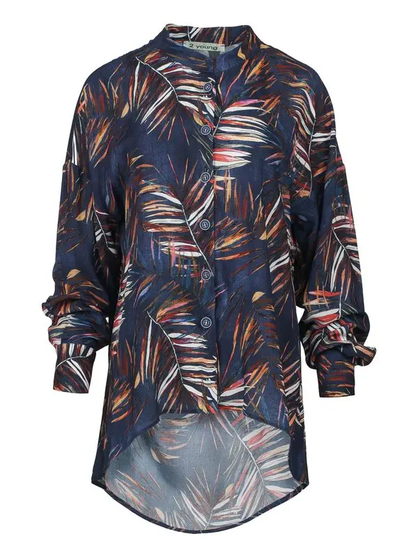 CONQUISTA Leaf Print Blouse With Mandarin Collar - Blue