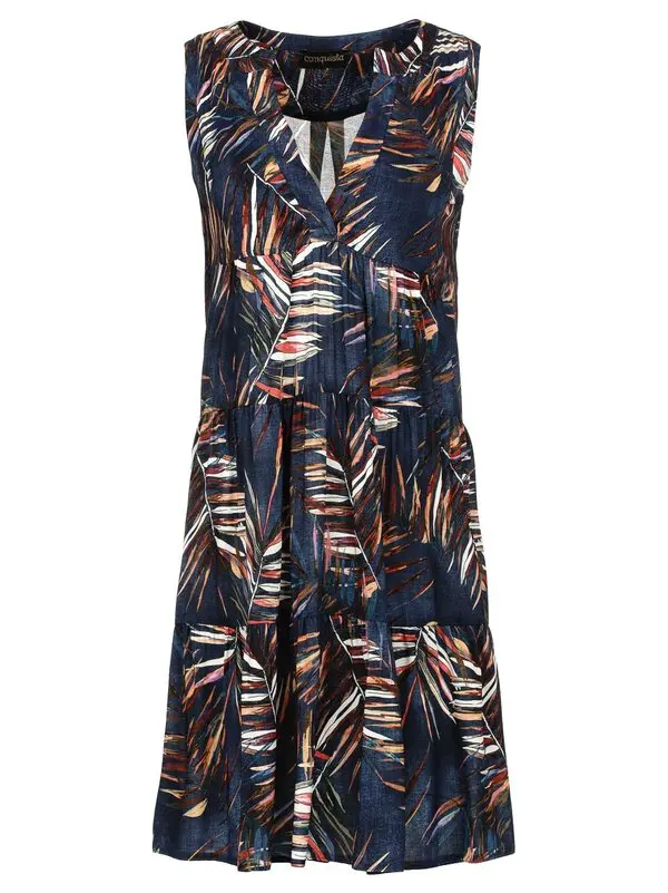 CONQUISTA Sleeveless Leaf Print A-line Dress - Blue