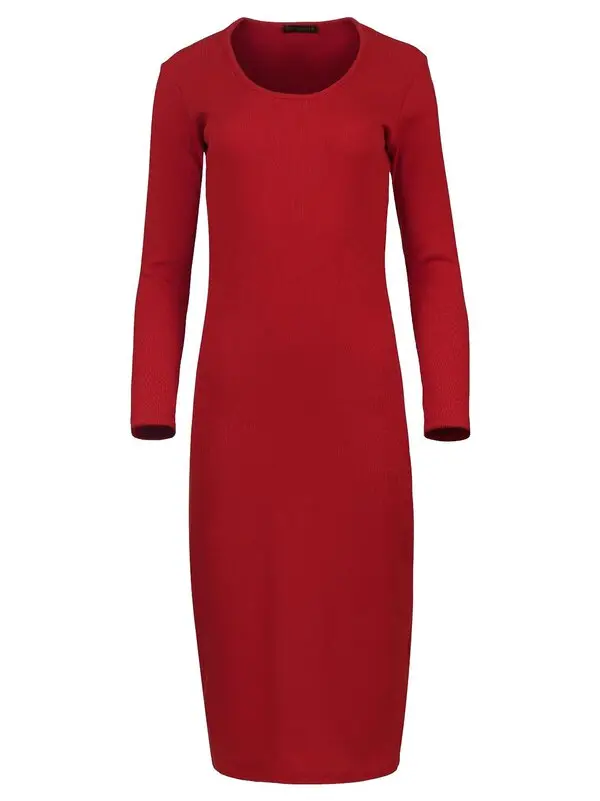CONQUISTA Long Sleeve Round Neck Ribbed Midi Dress - Red