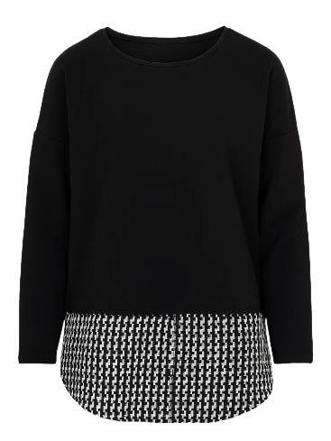 CONQUISTA Houndstooth & Button Detail Long Sleeve Top With Optional Shirt Collar - Black
