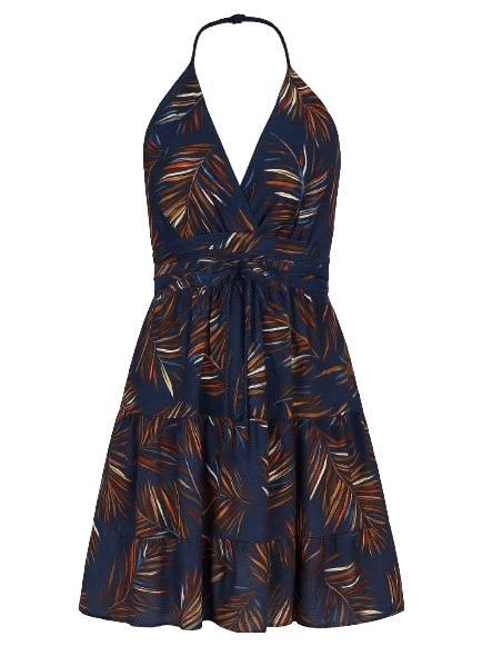 CONQUISTA Leaf Print Halterneck Empire Line Mini Dress - Blue