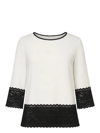 CONQUISTA Ecru Georgette Top With Black Lace Trim - Beige/black