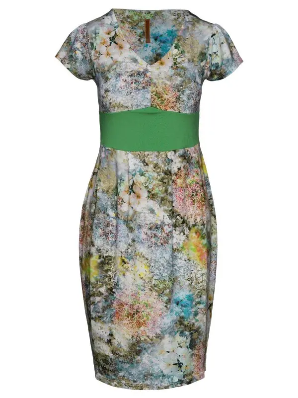 CONQUISTA Cap Sleeved Floral Print Dress - Green