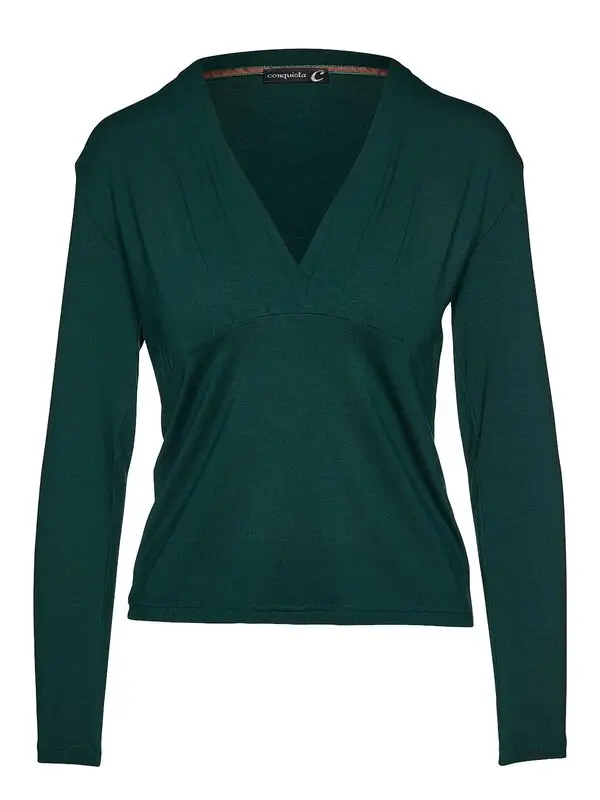 CONQUISTA Long Sleeve Faux Wrap Top In Stretch Jersey - Green