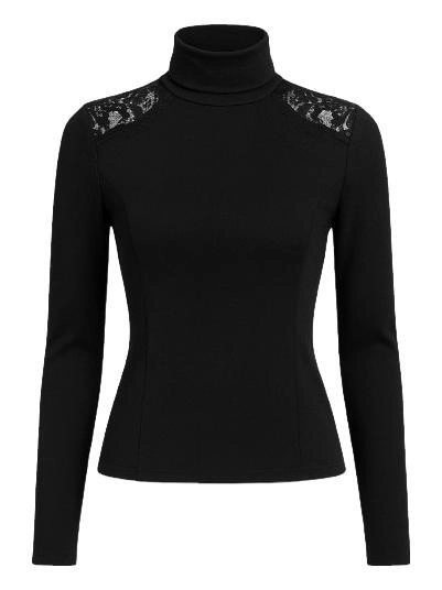 CONQUISTA Long Sleeve Lace Detail Turtleneck Top - Black