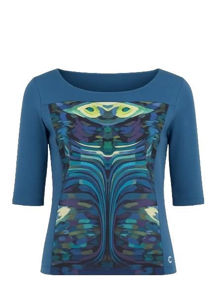 CONQUISTA Half Sleeve Printed Top With Swarovski Embellishment - Blue