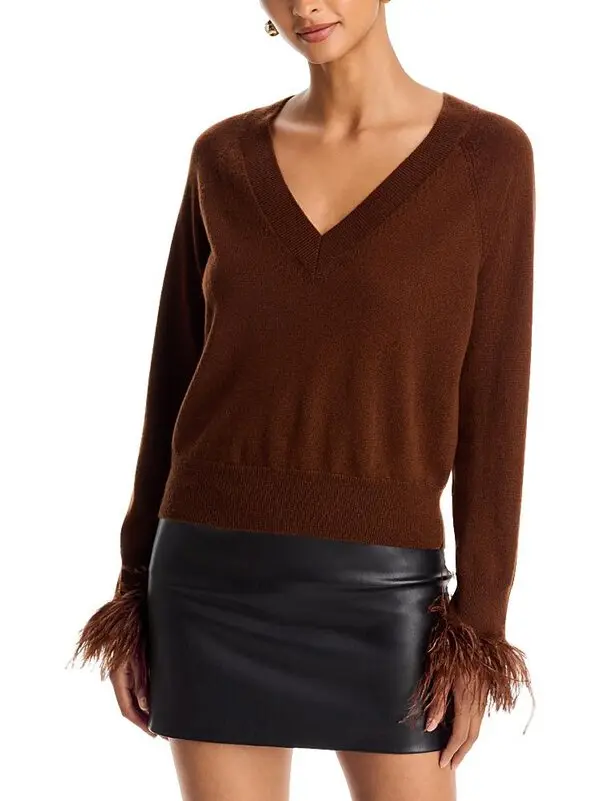 MILLY Feather Cuff V-neck Sweater - Brown