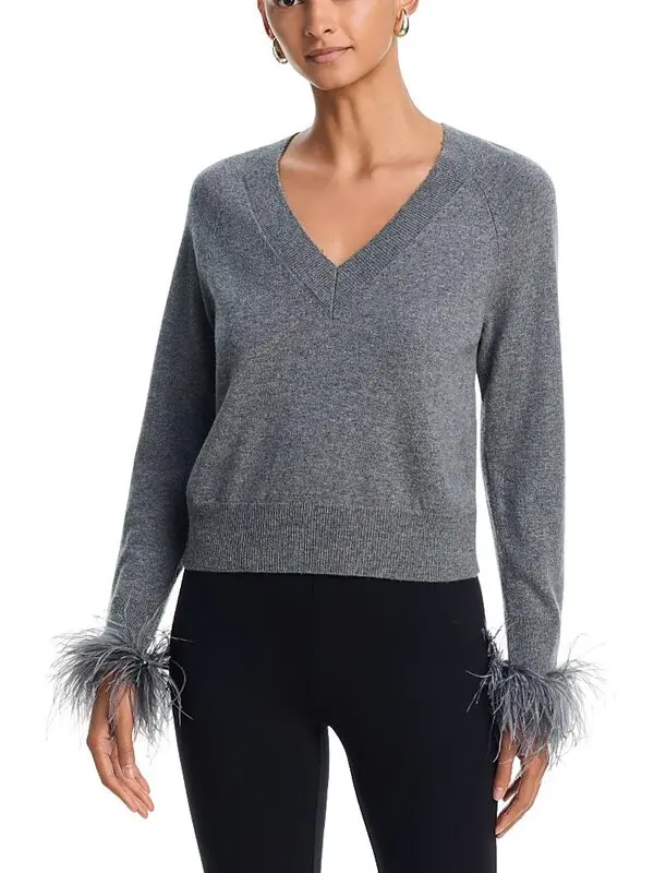 MILLY Feather Cuff V-neck Sweater - Grey
