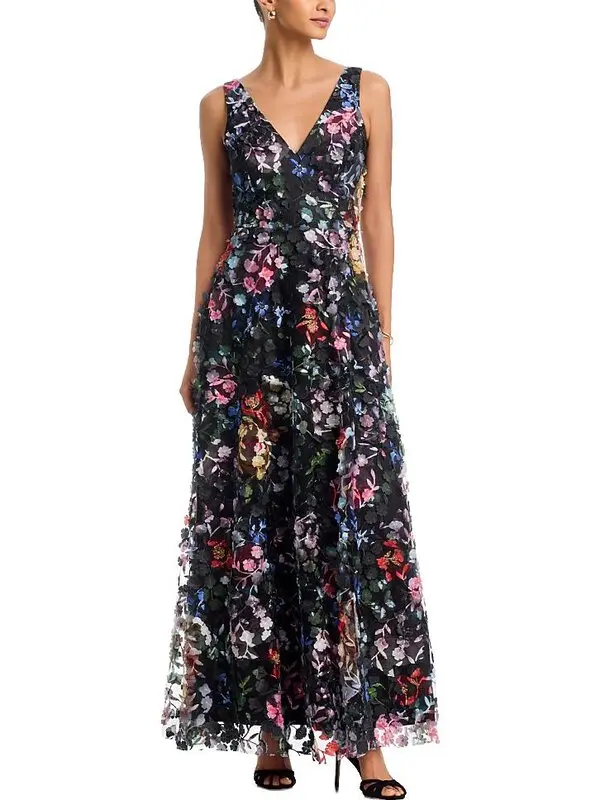 Eliza J Sleeveless V-neck Gown With Floral Appliques - Black