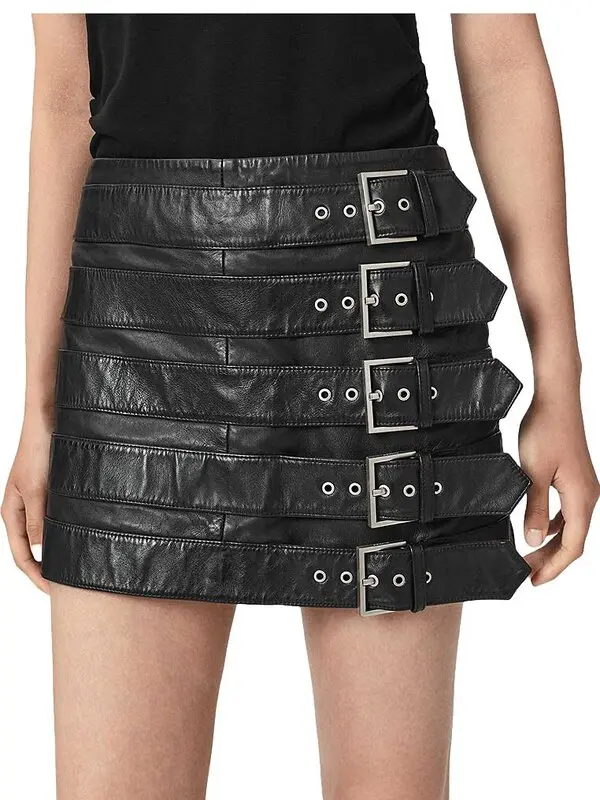 ALLSAINTS Betty Buckle Leather Skirt - Black