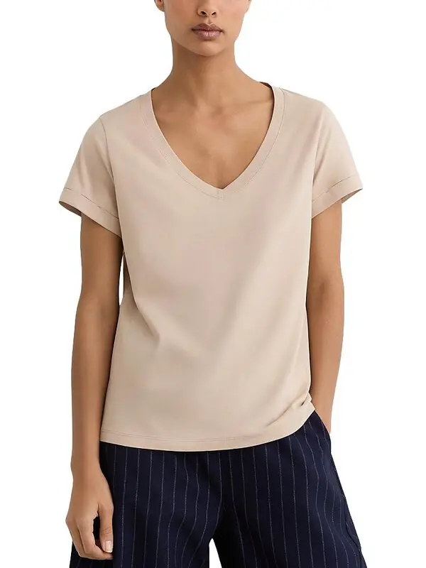 REISS V-neck Cotton T-shirt - Camel