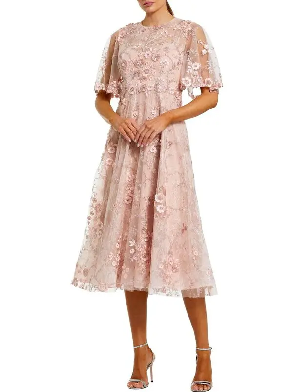 Mac Duggal Embroidered Flutter Sleeve Midi Dress - Blush