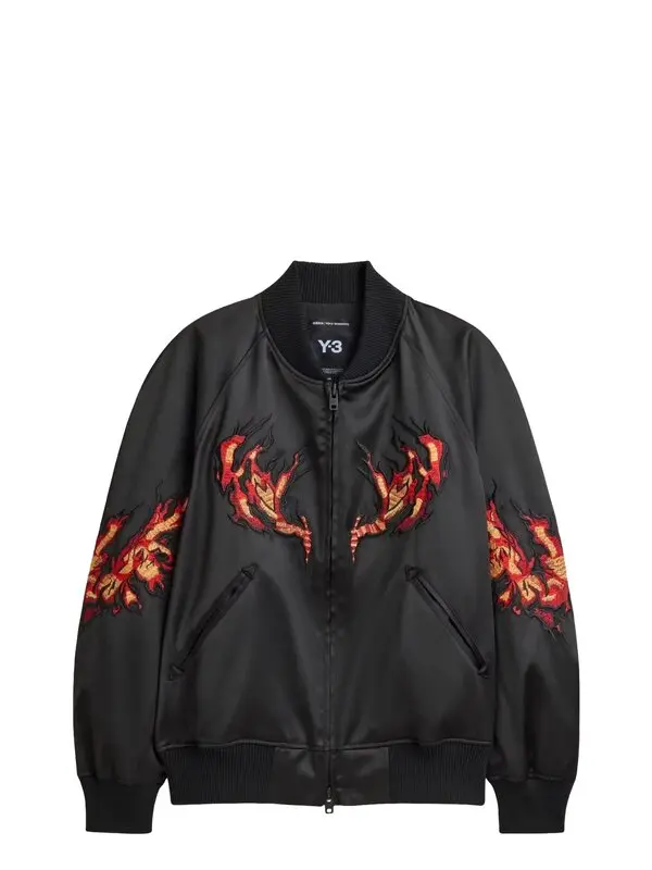 Adidas Y-3 Embroidered Graphic Satin Bomber Jacket - Black