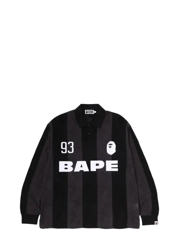 A BATHING APE Stripe Pattern Jacquard Multi Logo Long Sleeve Polo Shirt - Black