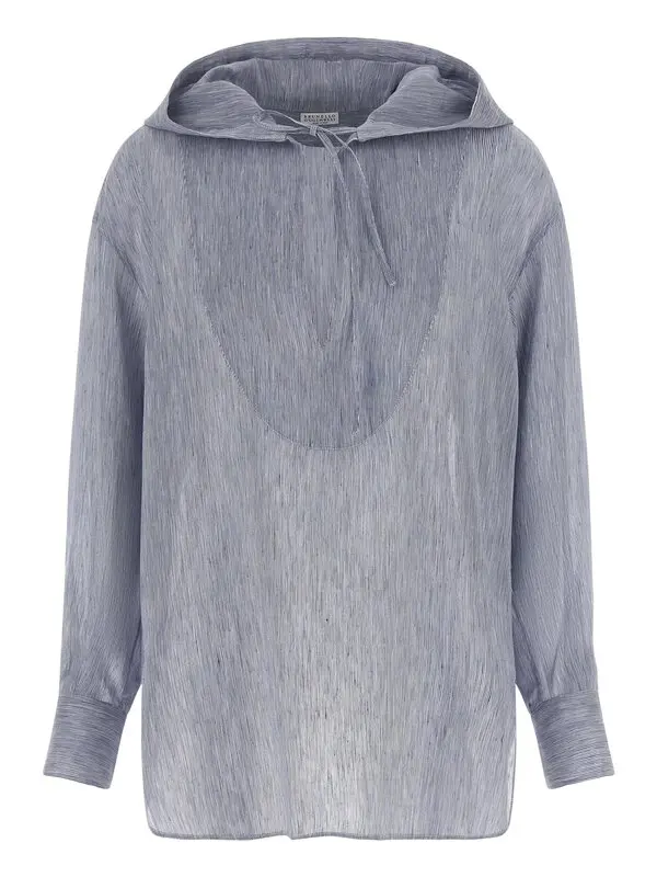 Brunello Cucinelli Hooded Shirt With Drawstring And Micro Stripes - Blue