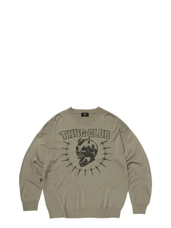THUG CLUB Riding Skull Knit Sweater - Beige