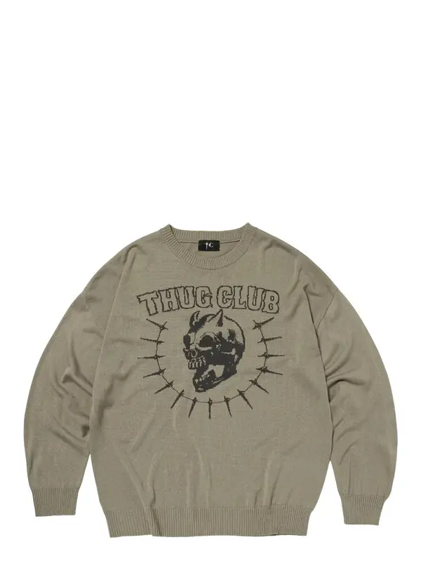 THUG CLUB Riding Skull Knit Sweater - Beige