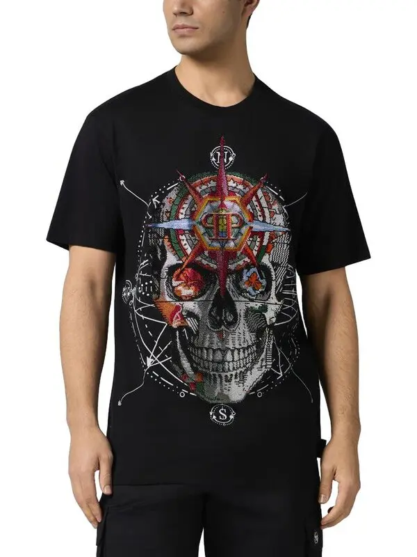 Philipp Plein Round Neck T-shirt Wind Rose Skull Stones - Black