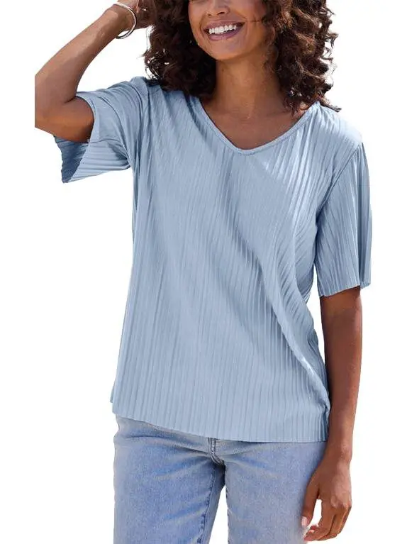 LASCANA Oversized Pleated V-neck Top - Light Blue