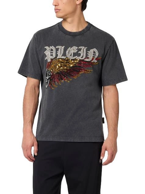 Philipp Plein Washed Round Neck T-shirt Eagle Skull Skull - Black