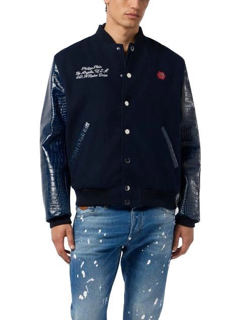 Philipp Plein Varsity Bomber Jacket With Croco-print Leather Sleeves - Navy