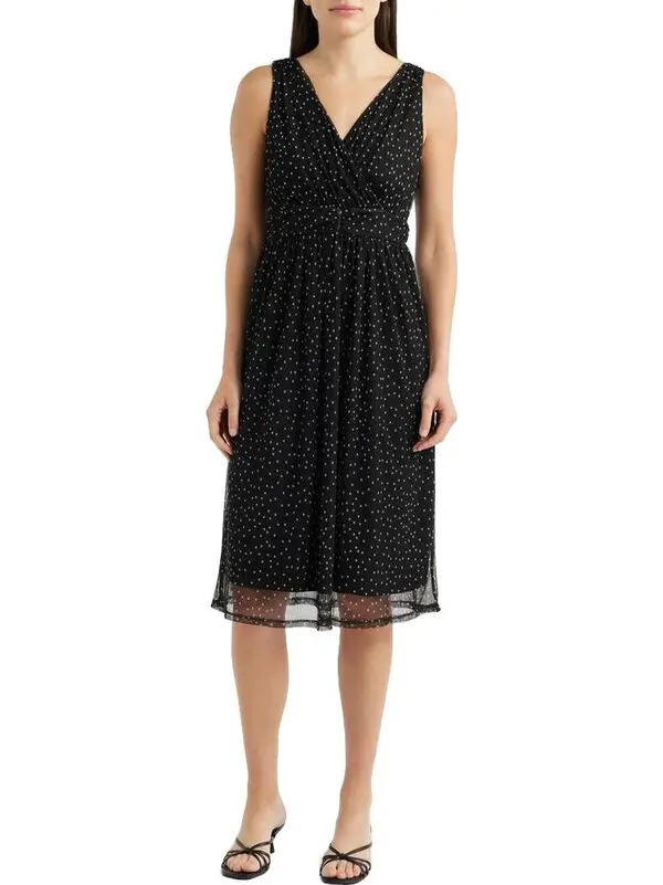 Loveappella Mesh Polka Dot Midi Dress - Black