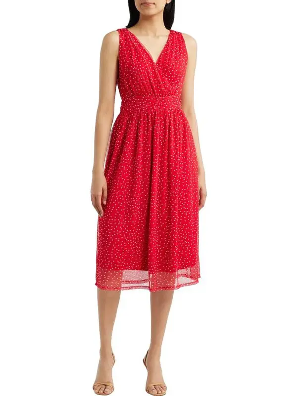 Loveappella Mesh Polka Dot Midi Dress - Red