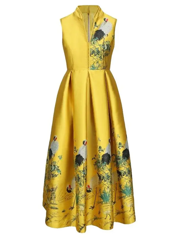 SKYLENCE Royal Crane Jacquard Dress - Yellow