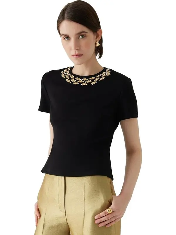 EXQUISE Stone Embroidered T-shirt - Black