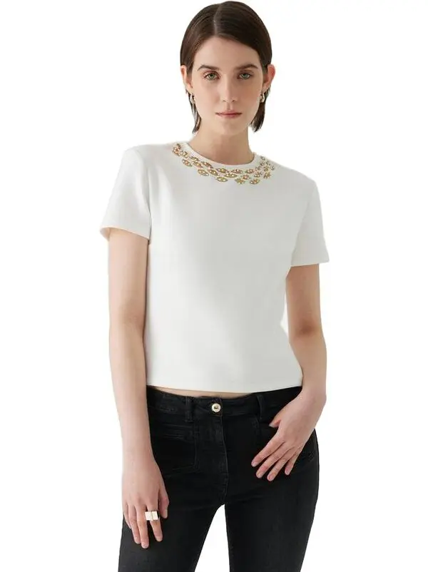 EXQUISE Stone Embroidered T-shirt - Ecru