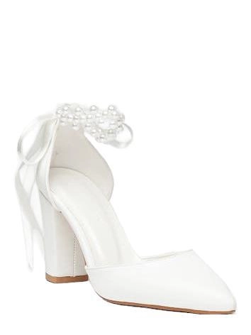 PROLOGUE SHOES Zia Ribbon Block Heel Bridal Pump - Ivory