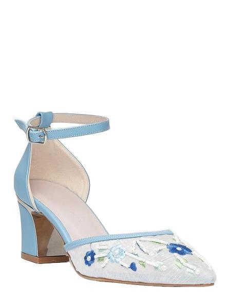 PROLOGUE SHOES Lorelai Block Heel Embroidered Bridal Pump - Blue