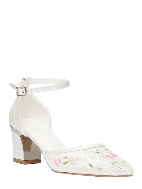 PROLOGUE SHOES Lorelai Block Heel Embroidered Bridal Pump - Ivory