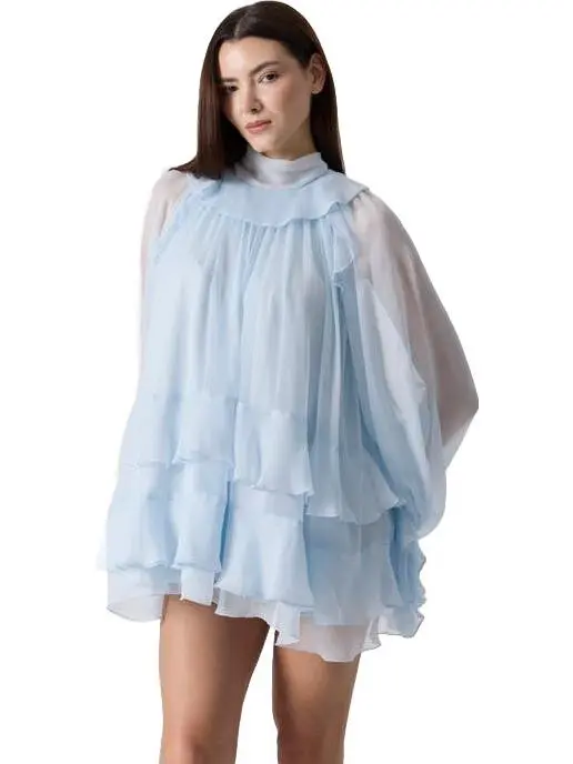 LE FAFO Tiered Ruffle Silk Chiffon Tunic Mini Dress - Light Blue
