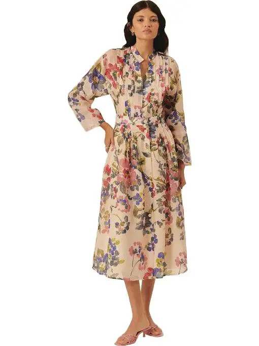EXQUISE Maia Floral Button-front Midi Skirt - Beige