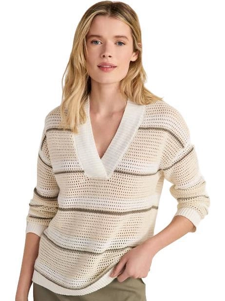 HAVEN WELL WITHIN Cotton Linen Stripe Cross-over Sweater - Ivory/sandstone/vetiver